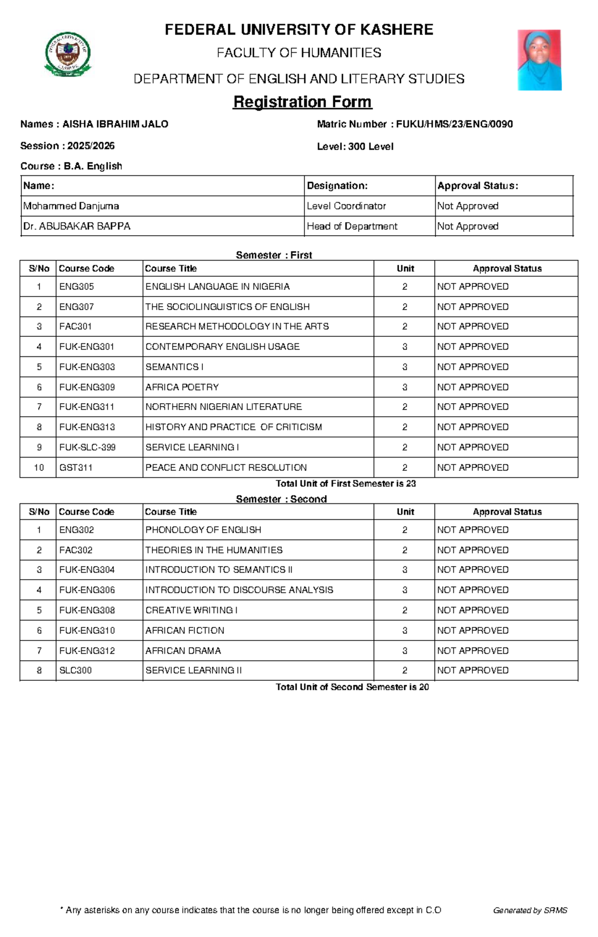 ENG 300 Level Course Registration Form - 1st & 2nd Semesters - Studocu