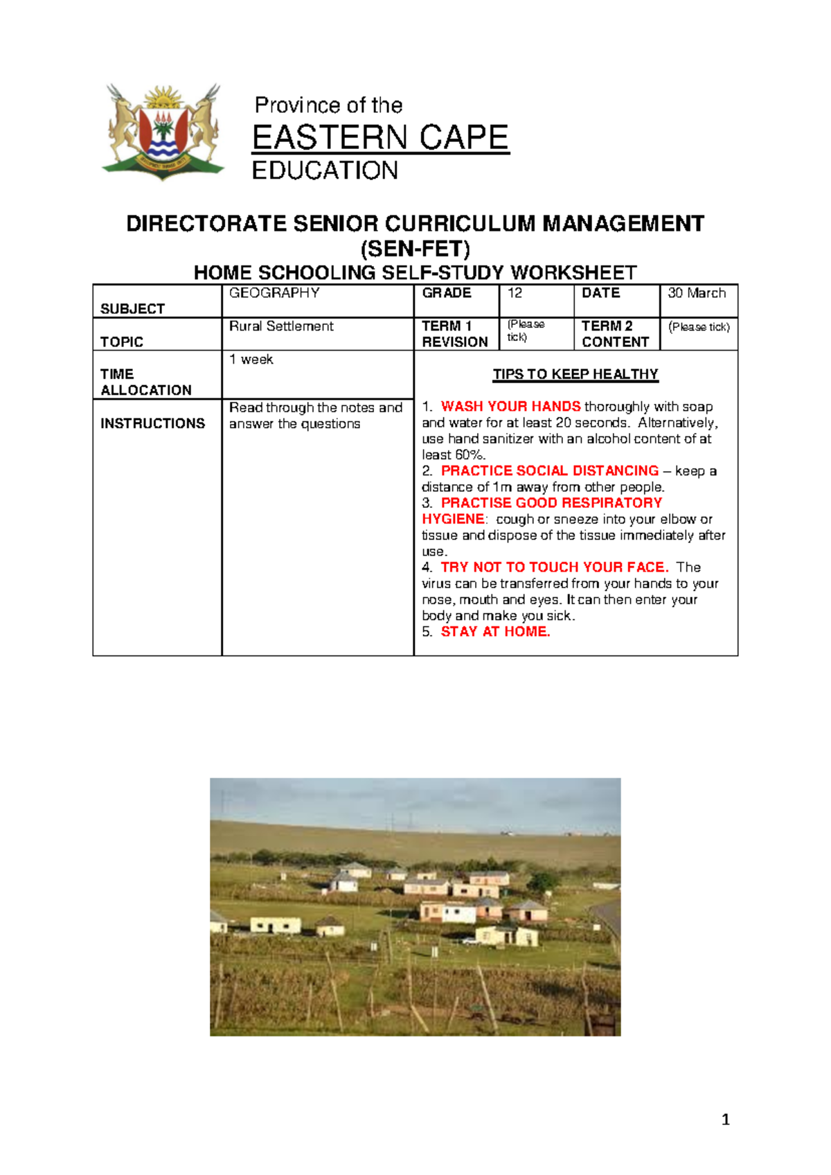 Geography Worksheet 1: Rural Settlements - Grade 12 Revision - Studocu
