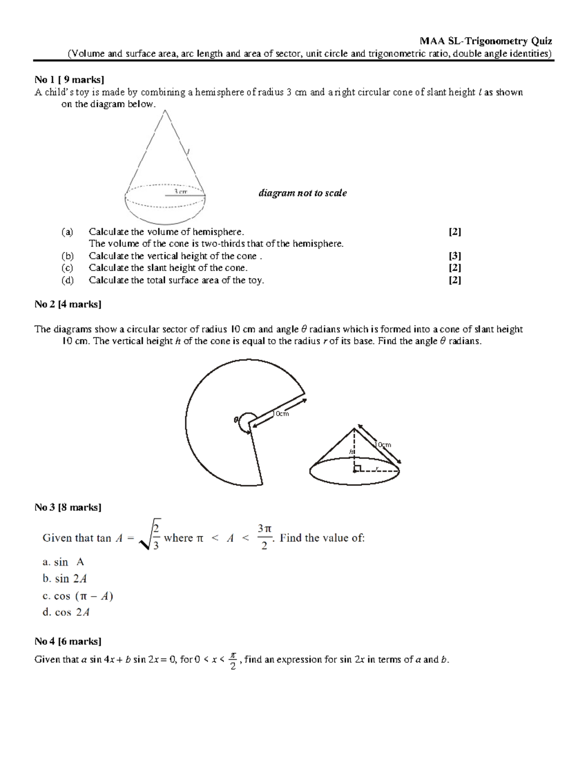 MAA SL-Trigonometry Quiz 2020: Volume, Area & Trig Functions - Studocu