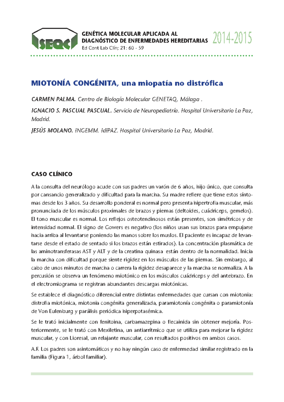 GENÉTICA MOLECULAR: Miotonía Congénita y Diagnóstico Hereditario - Studocu