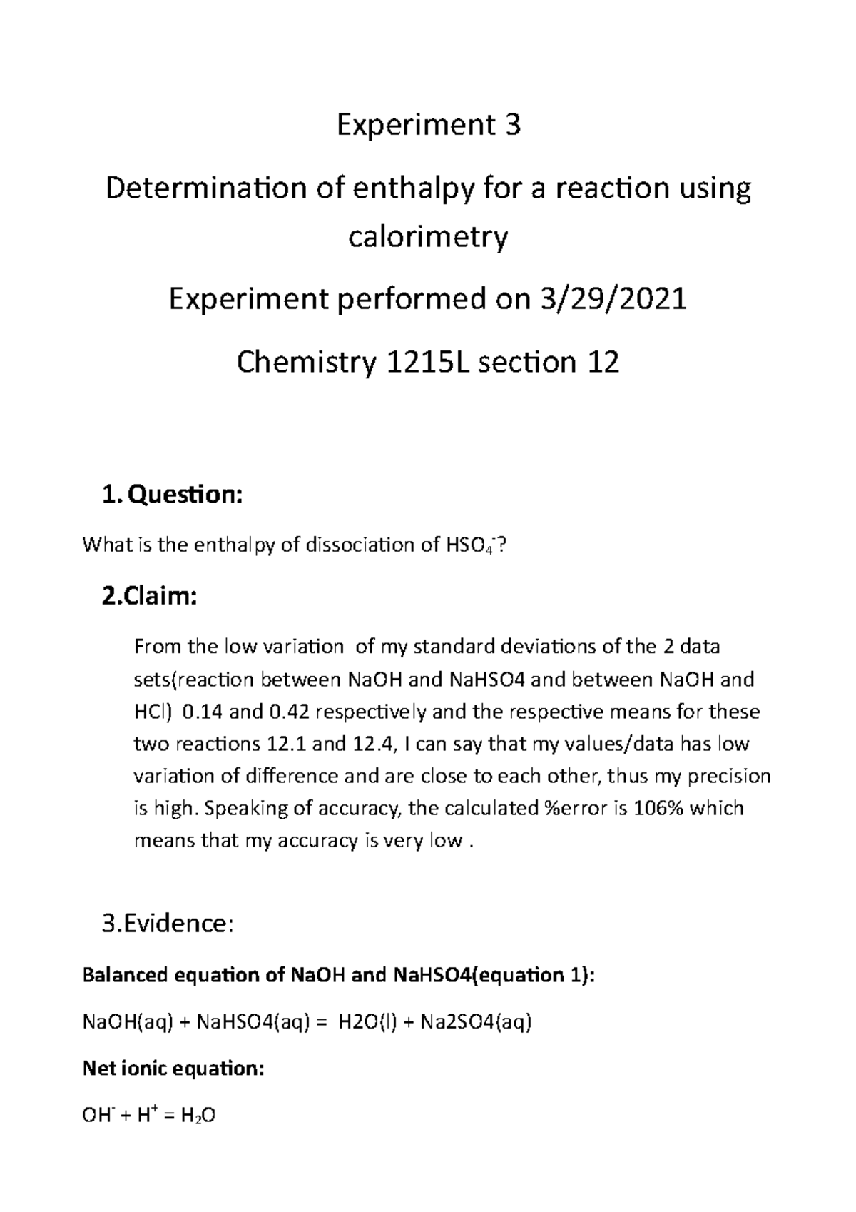 SA 3 - scientific argument on identifying enthalpy of reaction using ...