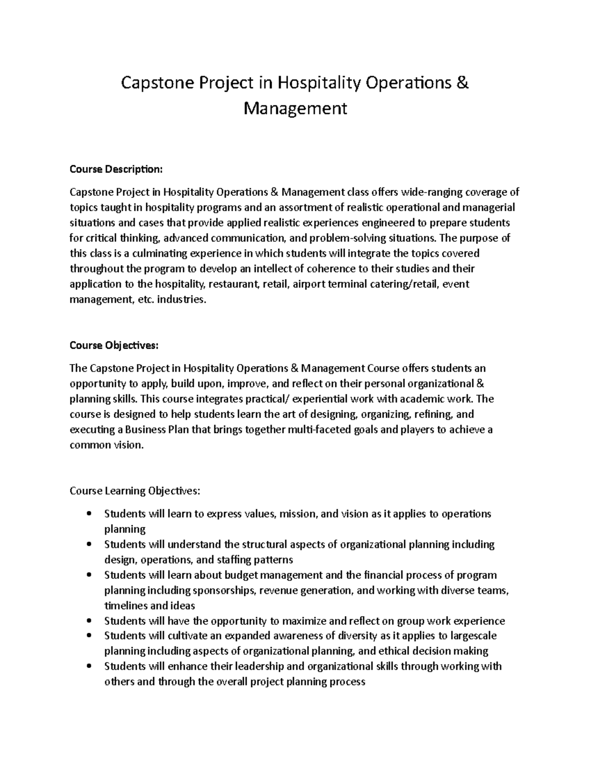 Capstone Project in HOSP 401: Hospitality Operations Management - Studocu