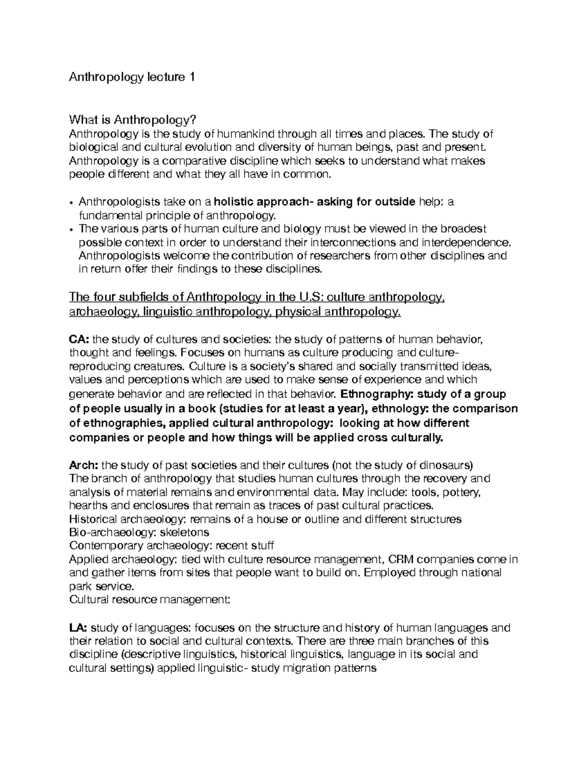 Anthropology notes - Multiple chapters - Anthropology lecture 1 What is ...