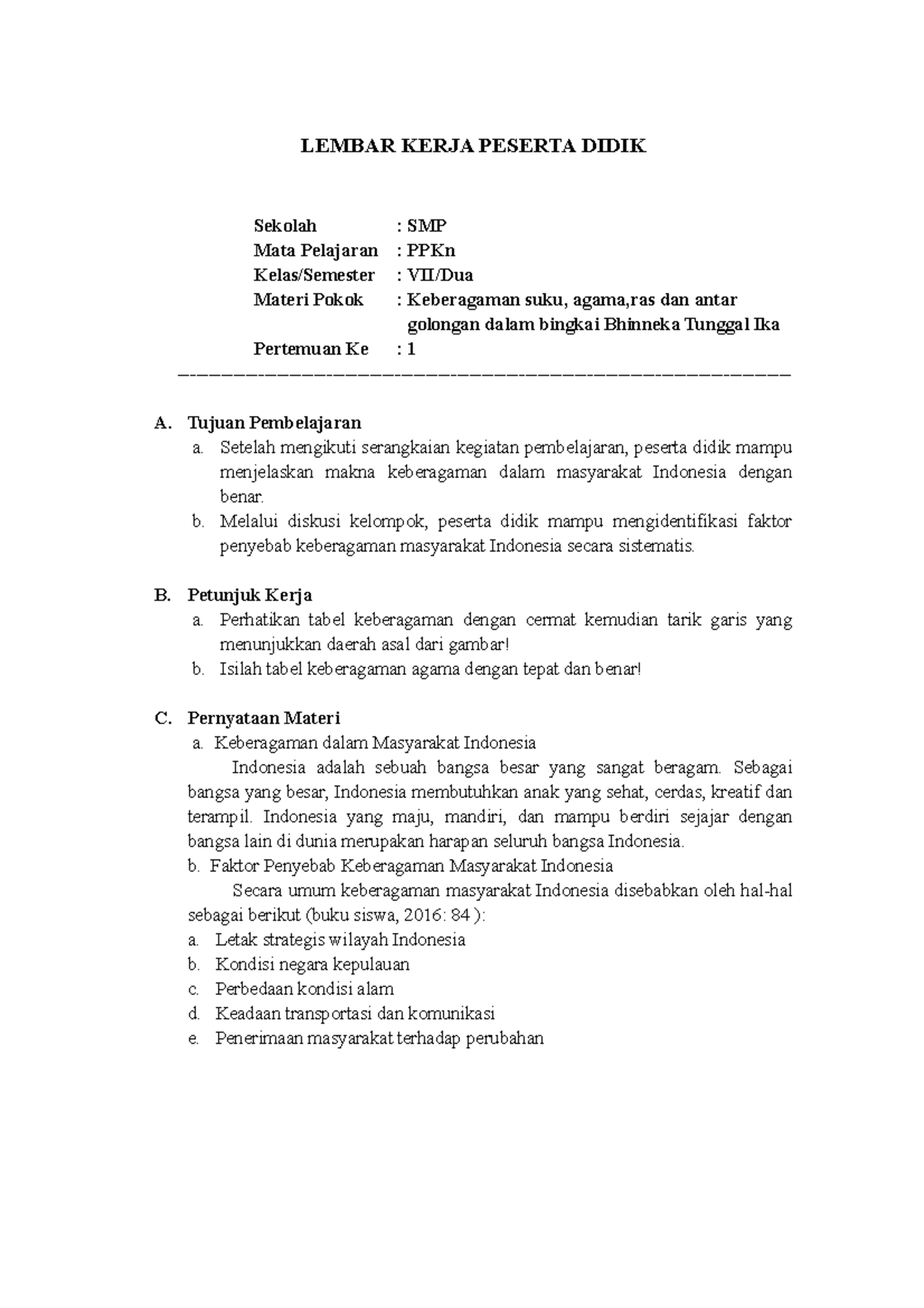 Contoh LKPD PPKn Kelas VII: Keberagaman Masyarakat Indonesia - Studocu