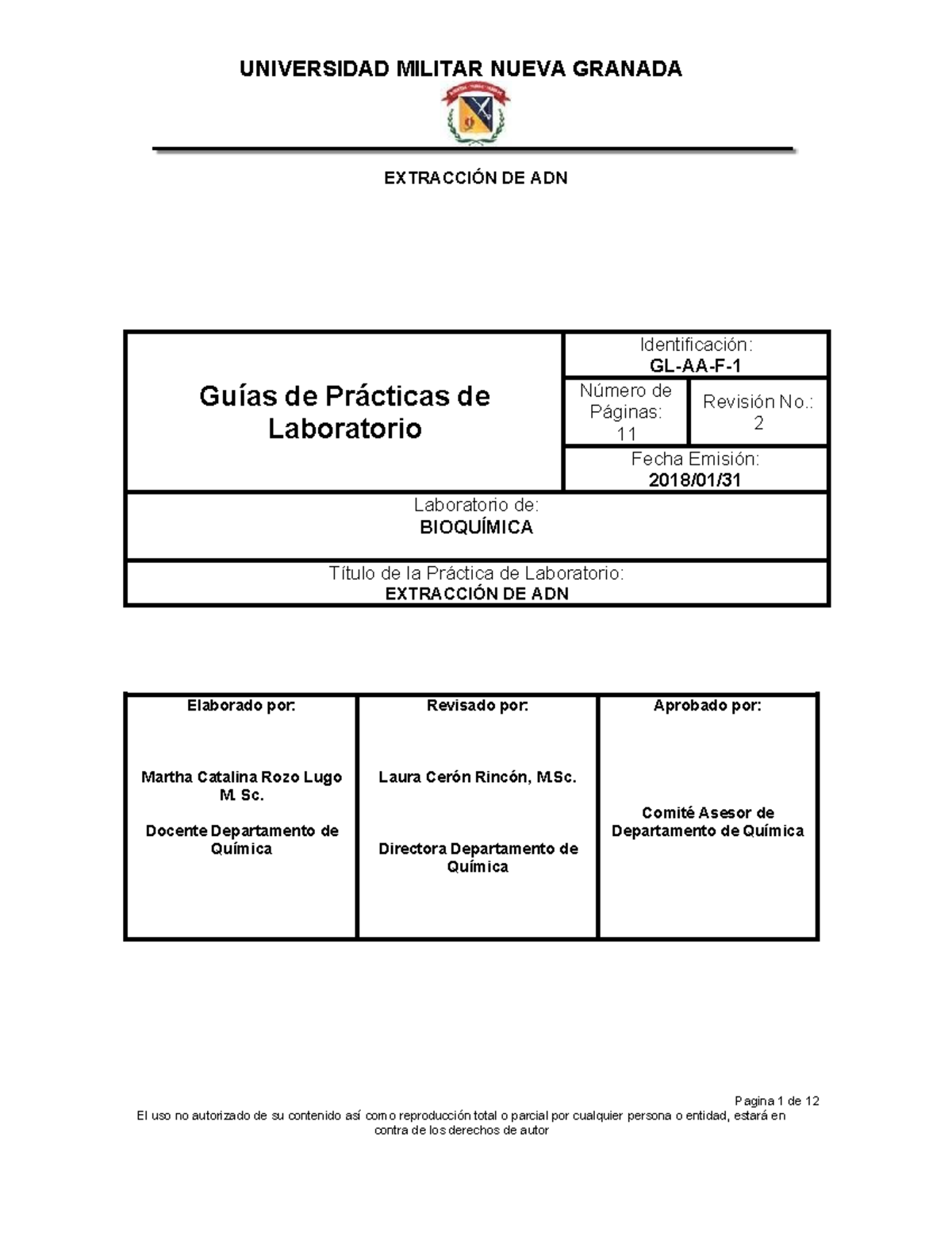 Práctica de Laboratorio GL-AA-F-11: Extracción de ADN en Biología - Studocu