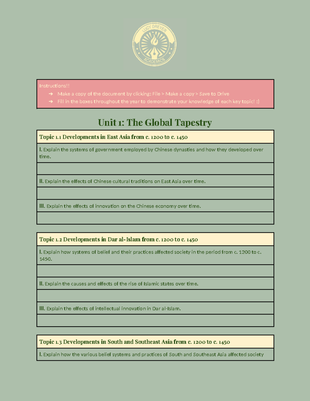 AP World History Notes Template: Unit 1 - The Global Tapestry - Studocu