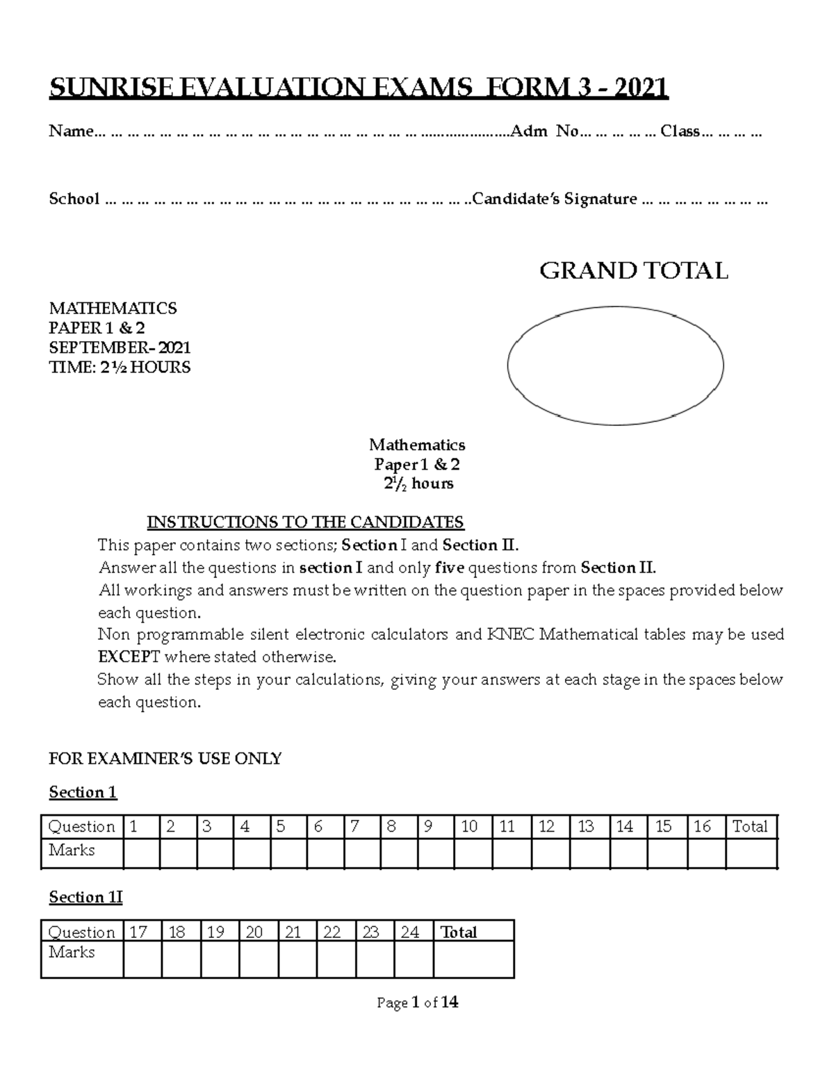 121 F3 Mathematics Final Exam Paper 1 & 2 - September 2021 - Studocu