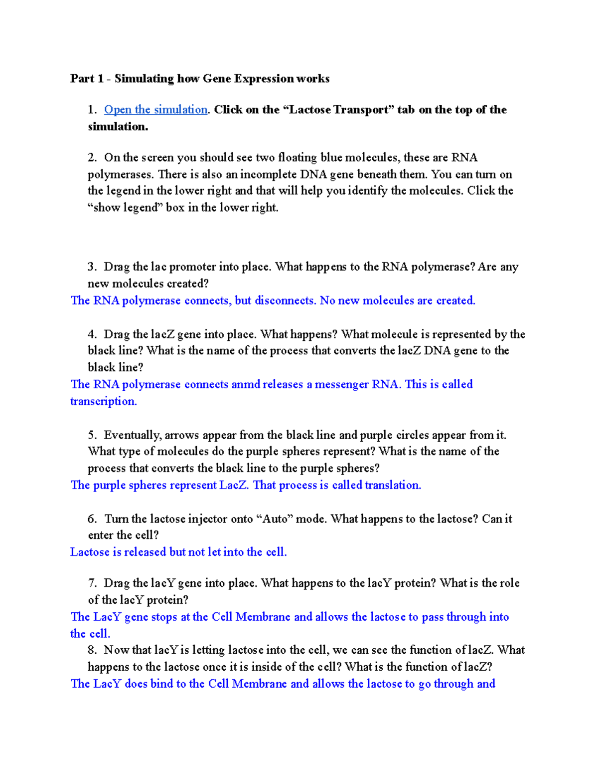 Lac Operon Gene Expression Simulation Guide for PH ET Course - Studocu