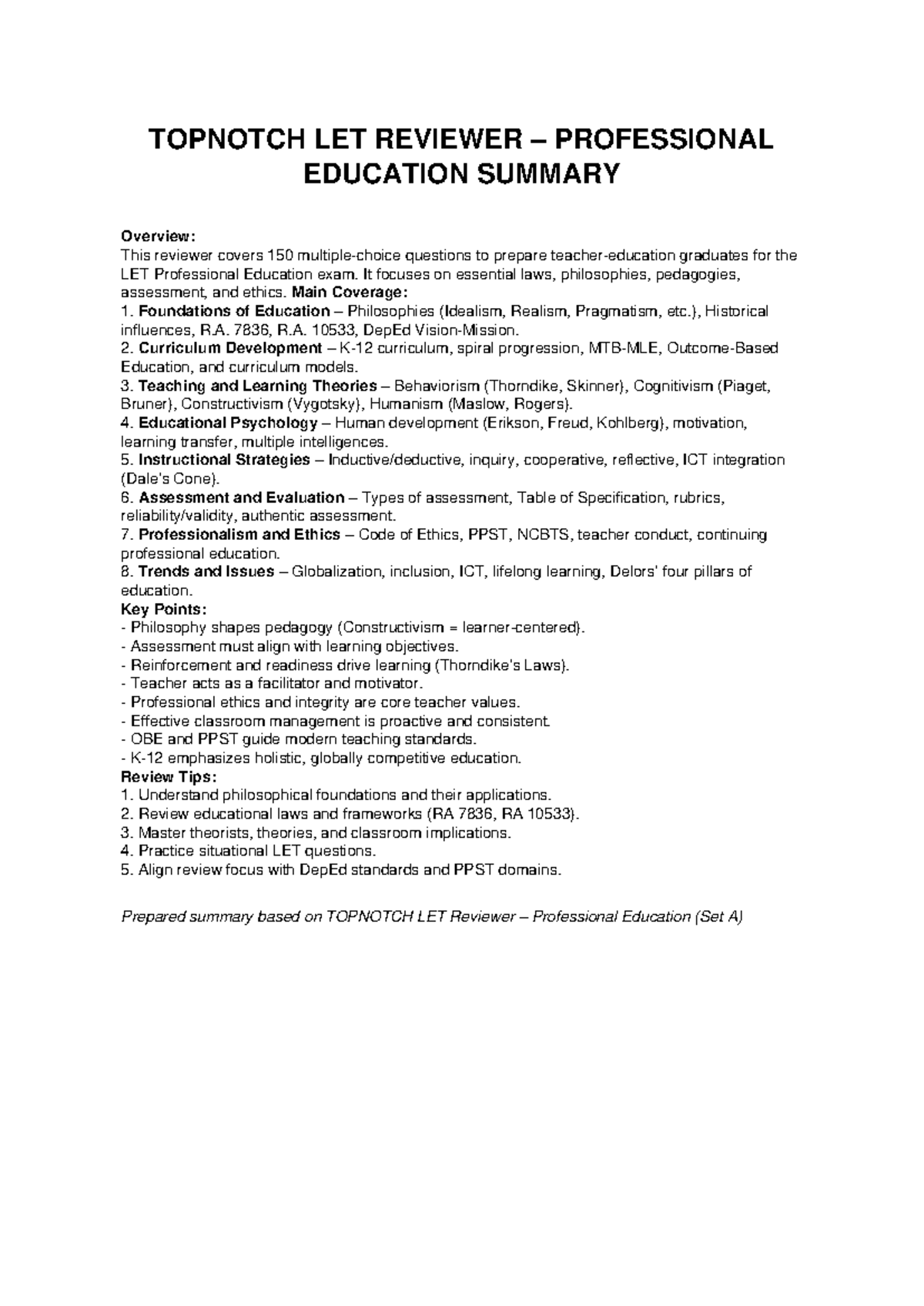 LET REVIEWER PROFED: Comprehensive Guide for LET Exam Prep - Studocu