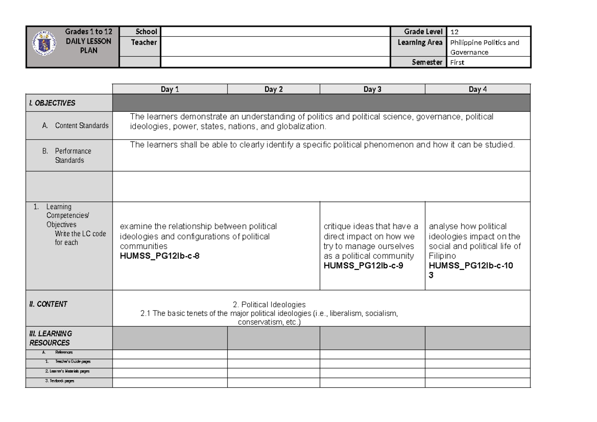 HUMSS_PG12Ib-c- Lesson Plan on Political Ideologies and Communities ...