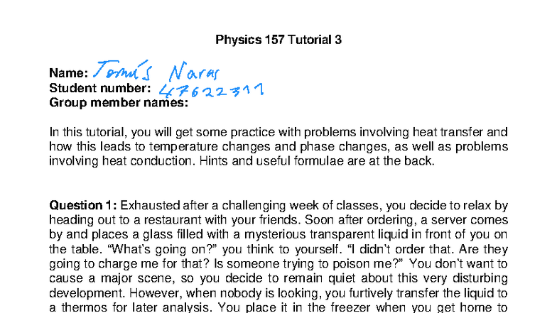 Physics 157 Tutorial 3: Heat Transfer and Phase Changes Analysis - Studocu