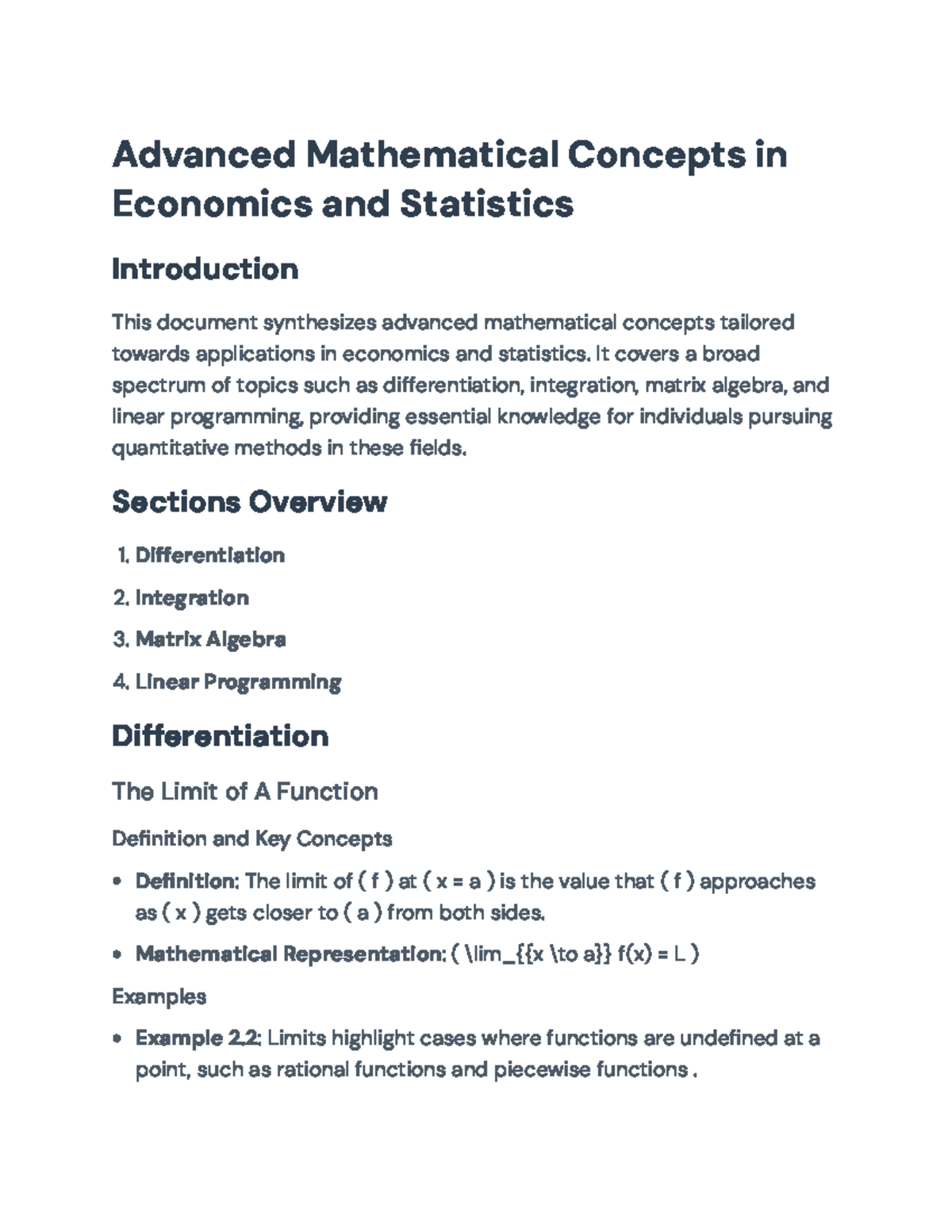 Advanced Math Concepts for Economics and Statistics (ECO 101 ...