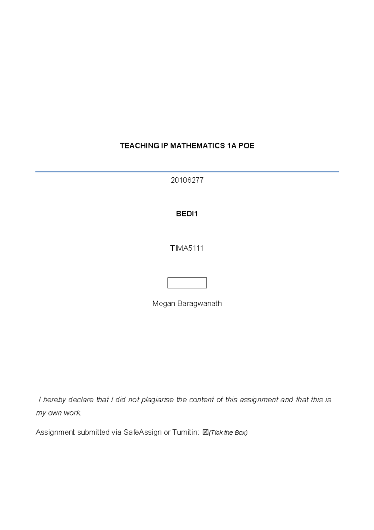 Maths POE - first year, practical and pedagogical learning - TIMA6311 ...