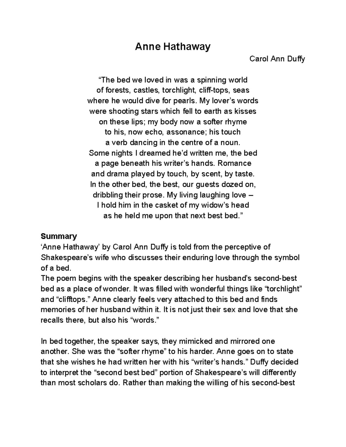 Anne Hathaway - Analysis of Carol Ann Duffy's Poem - Studocu