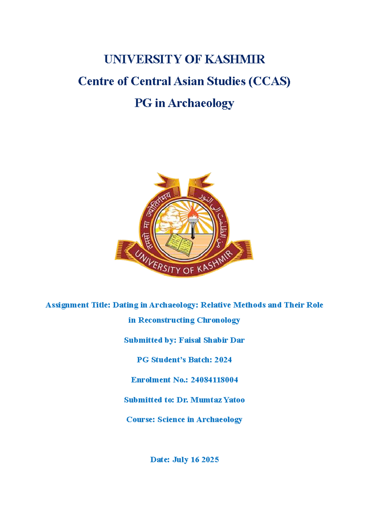 PG in Archaeology Assignment: Dating in Archaeology Methods - Studocu