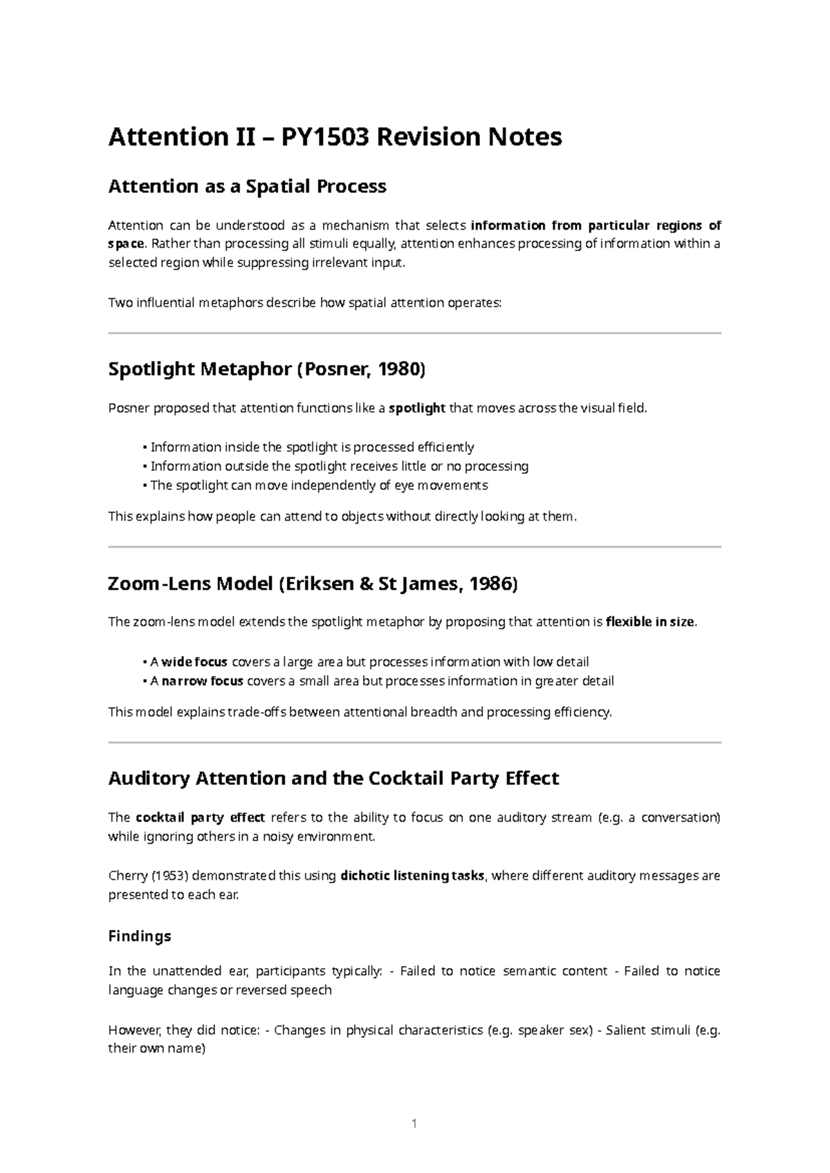 PY1503 Attention II – Spatial Processes & Key Models Revision Notes ...