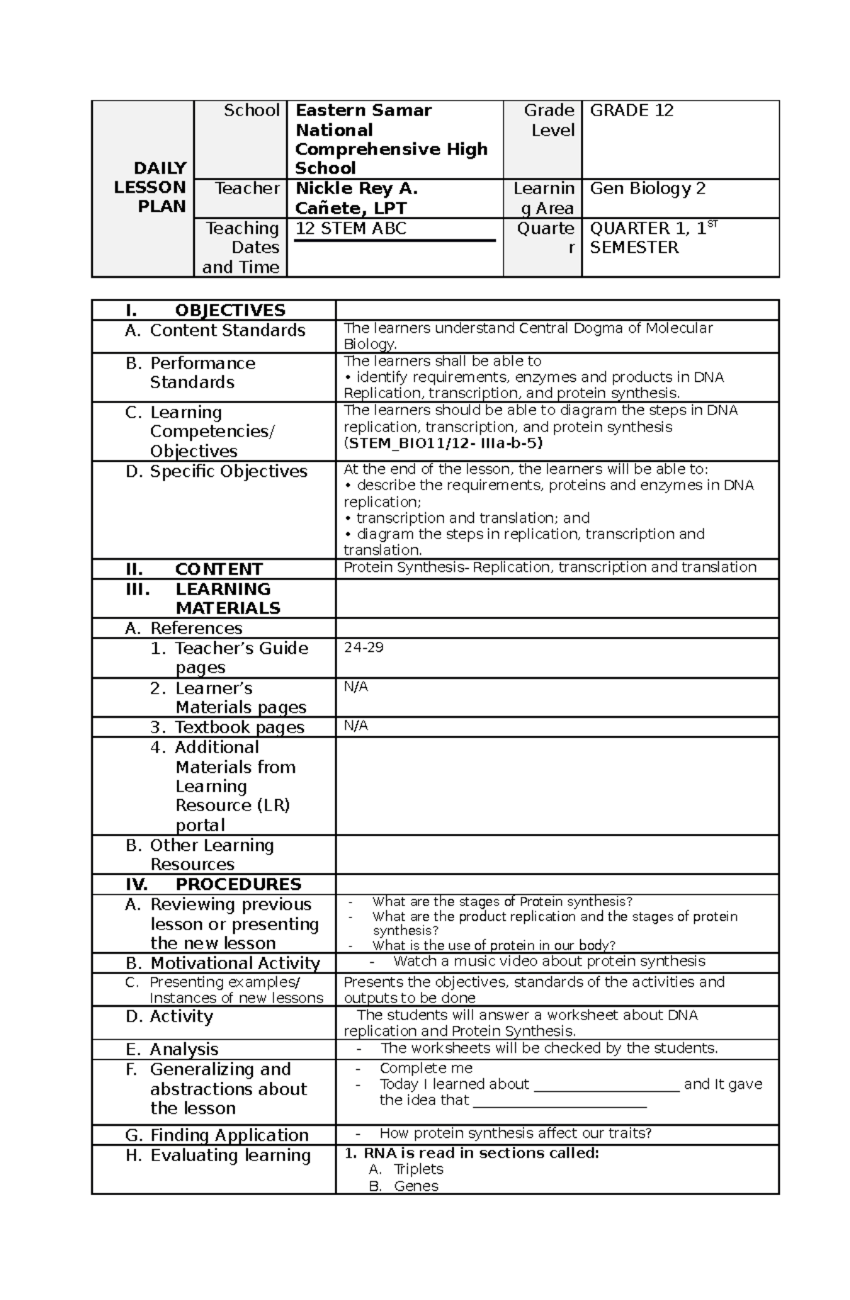 DLP-GB2 Grade 12 Lesson Plan: Protein Synthesis Activity - Studocu