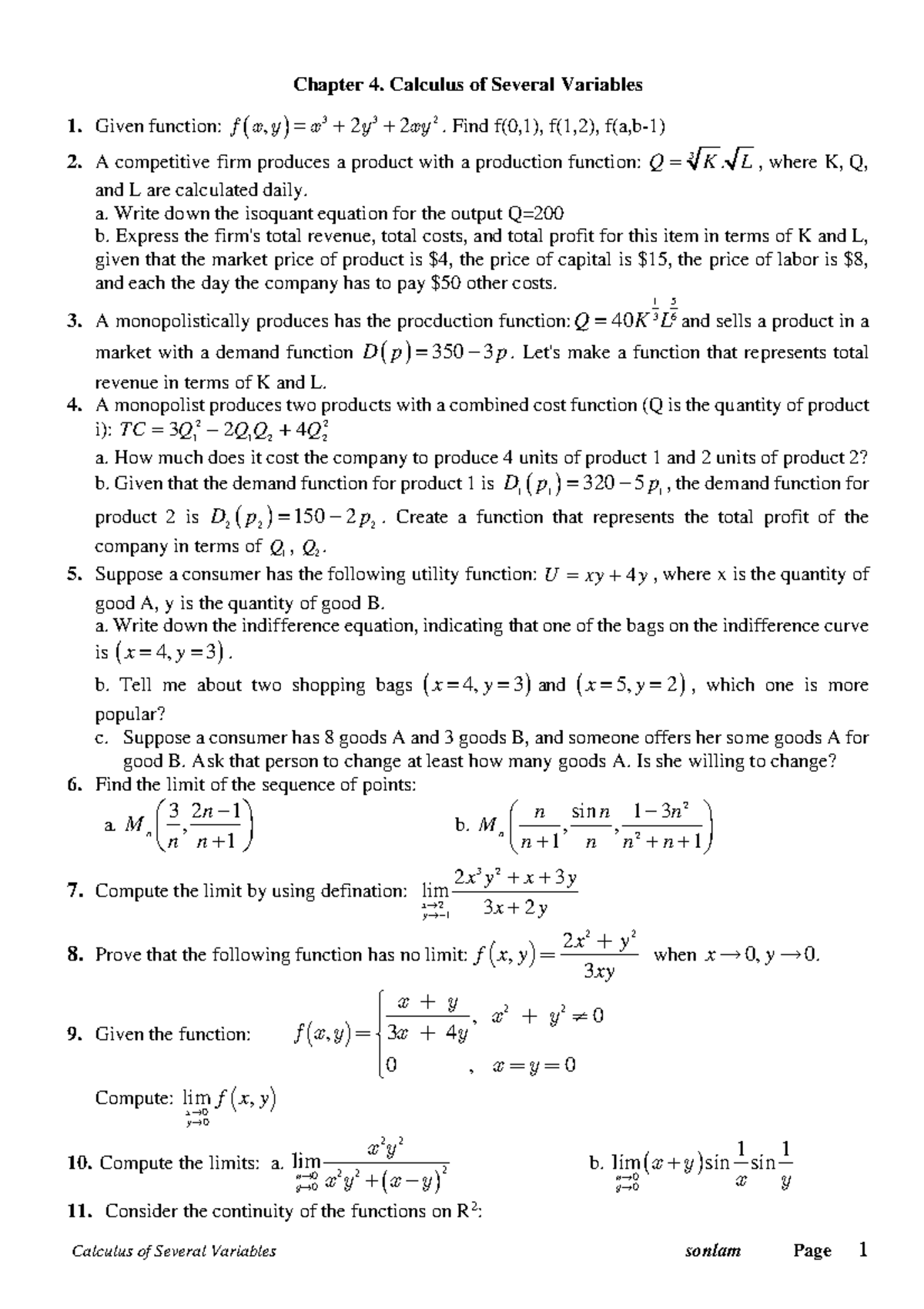 Exercises for Calculus of Several Variables (MATH 101) - Studocu