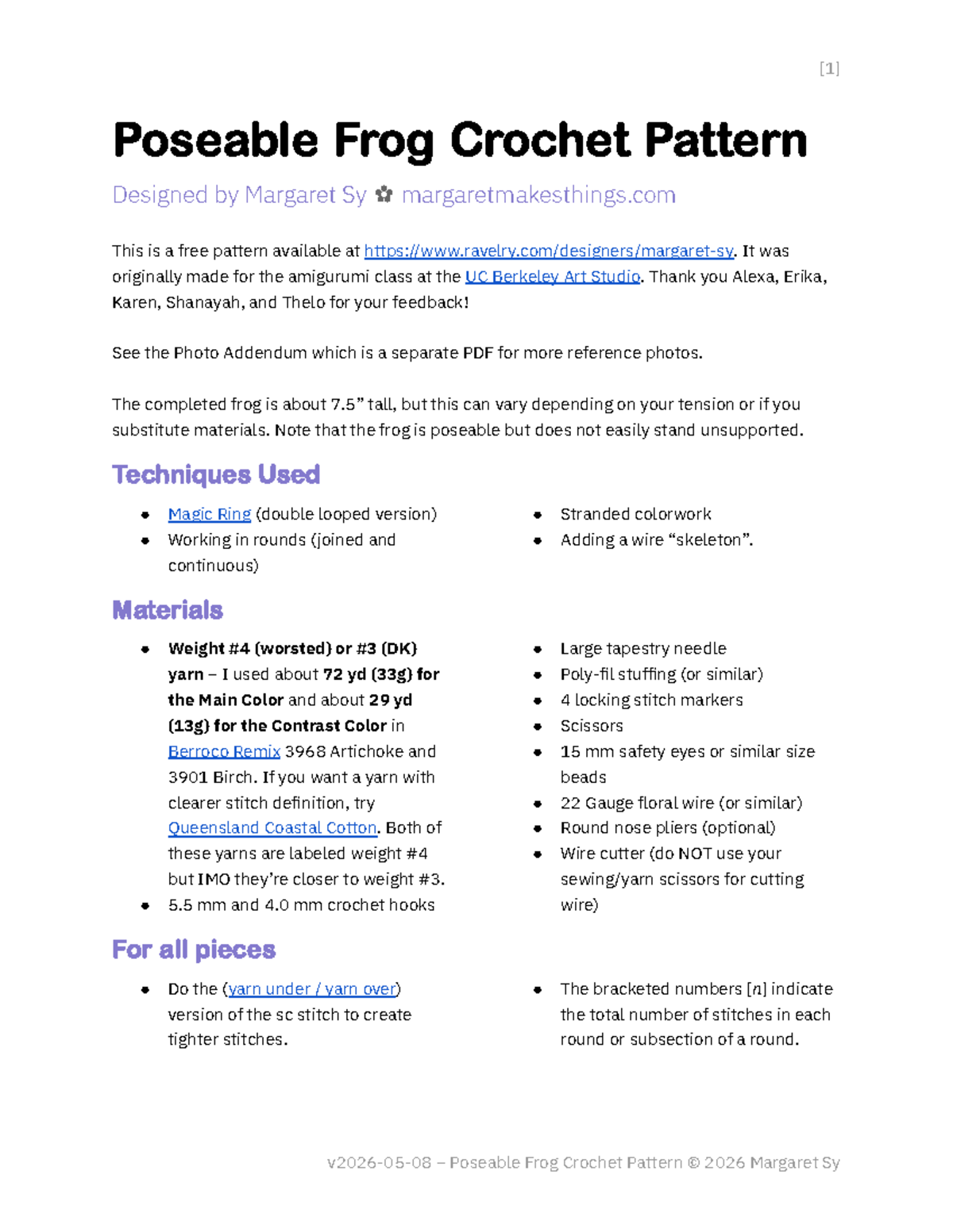Poseable Frog Crochet Pattern Instructions (UC Berkeley Amigurumi ...