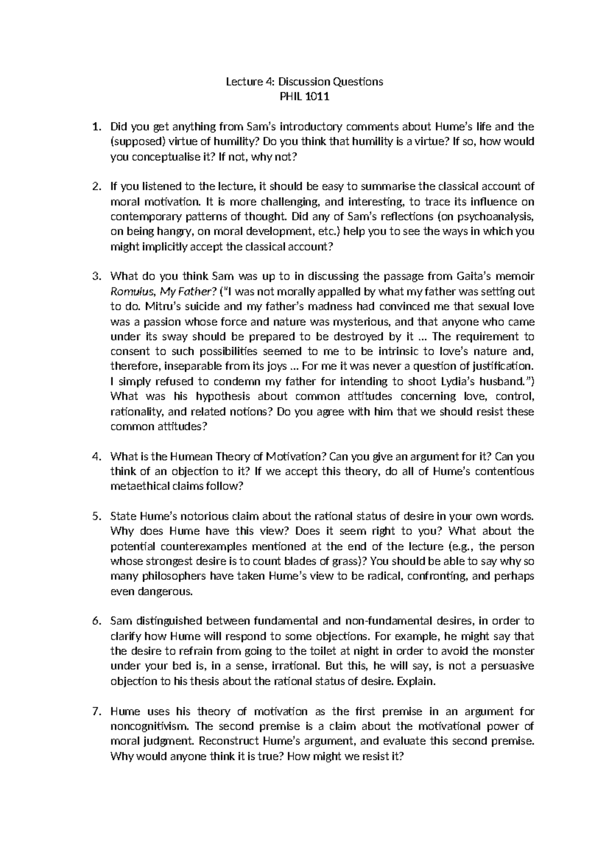Lecture 4 Discussion Questions on Moral Motivation PHIL 1011 - Studocu
