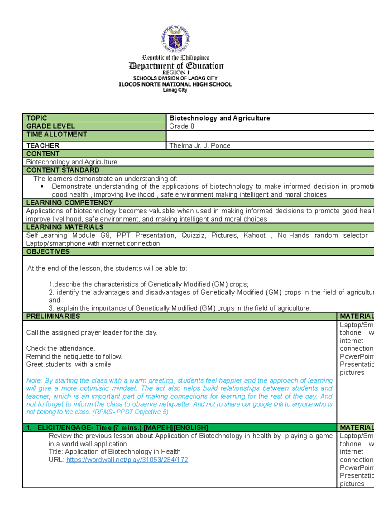 G8 Lesson Plan: Exploring GMOs in Biotechnology & Agriculture - Studocu