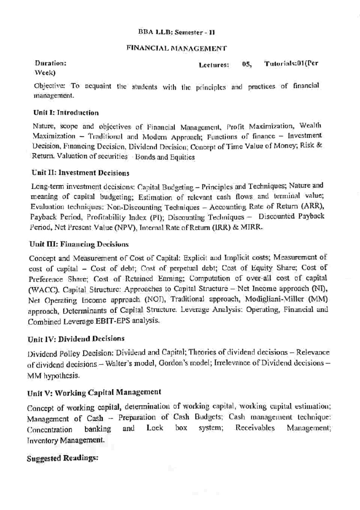 BBA LLB: Sem 11 Financial Management Syllabus Overview - Studocu