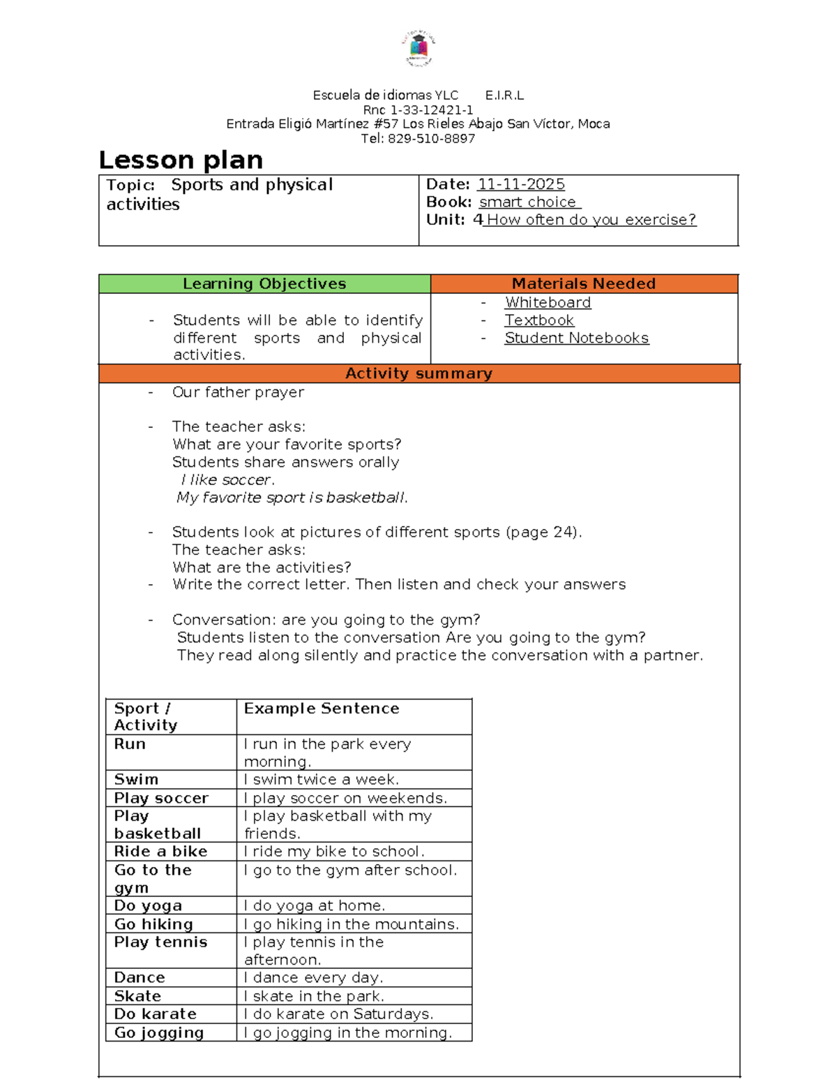 YLC E.I.R.L Lesson Plan: Sports & Physical Activities - Studocu