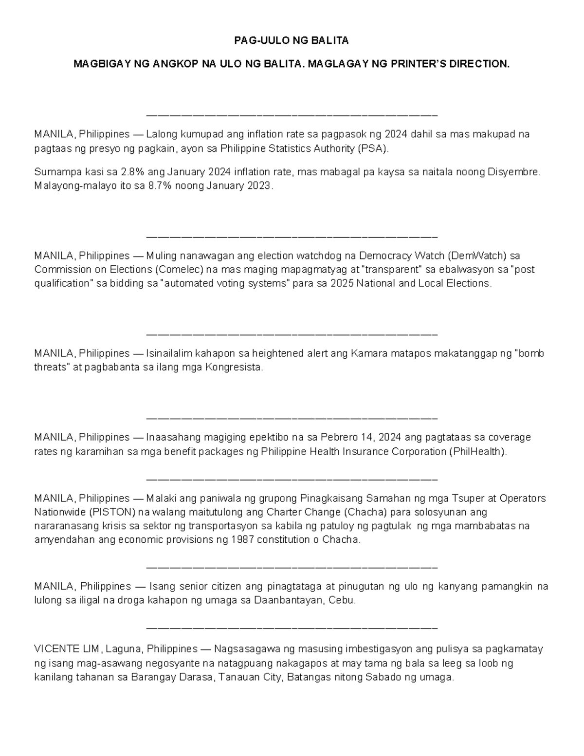 Pag-uulo Feb 06 - Copyreading Exercises ng Balita at Pagsusuri - Studocu
