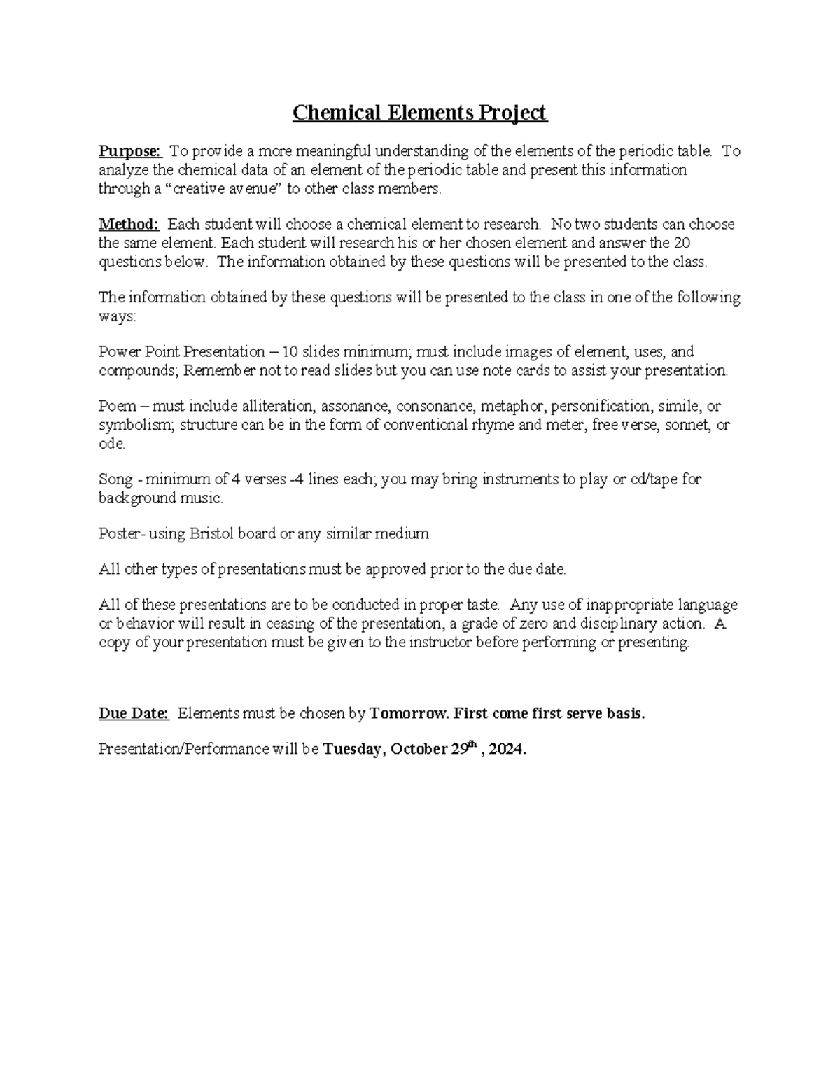 Chemical Elements Project - Chemical Elements Project Purpose: To ...