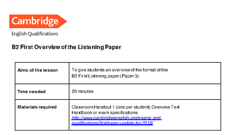 B2 First Listening Paper Overview and Activities Guide - Studocu