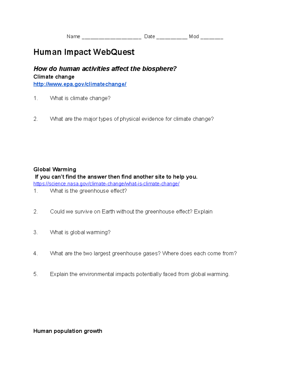 Mod Human Impact WebQuest: Effects of Human Activities on the Biosphere ...
