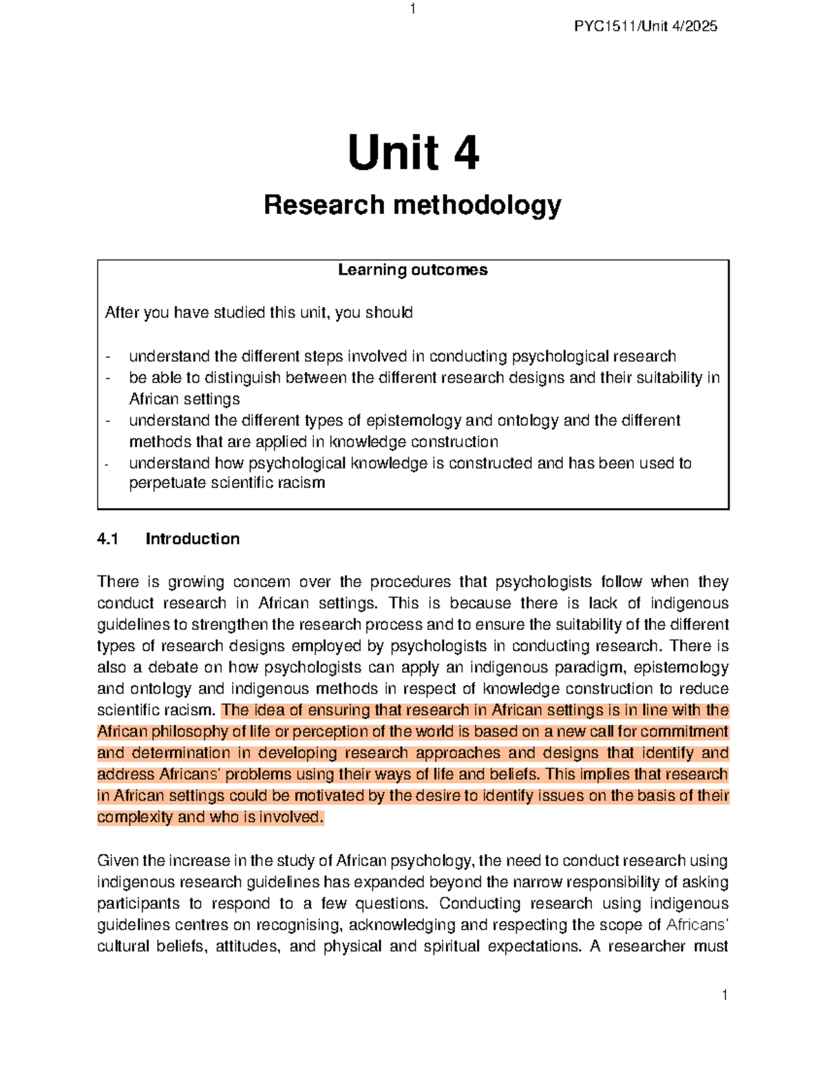 PYC1511 Unit 4: Research Methodology - Studocu