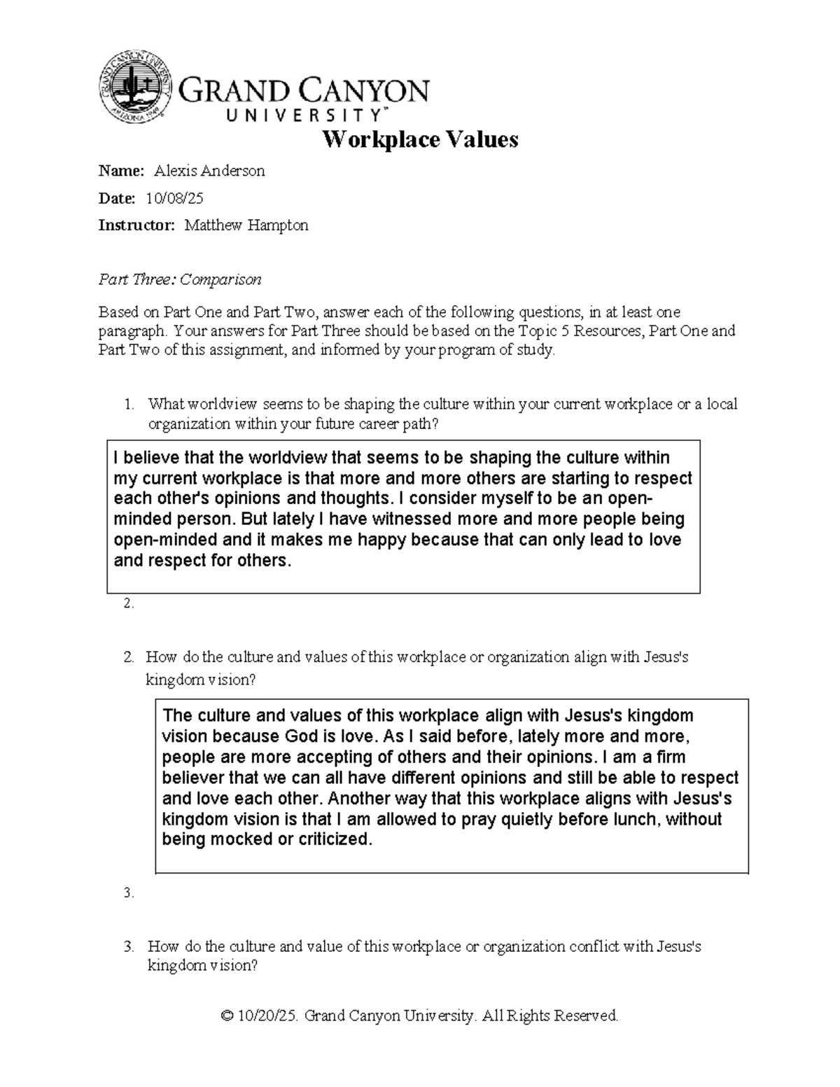 Workplace Values Reflection - GCU Assignment Notes - Studocu