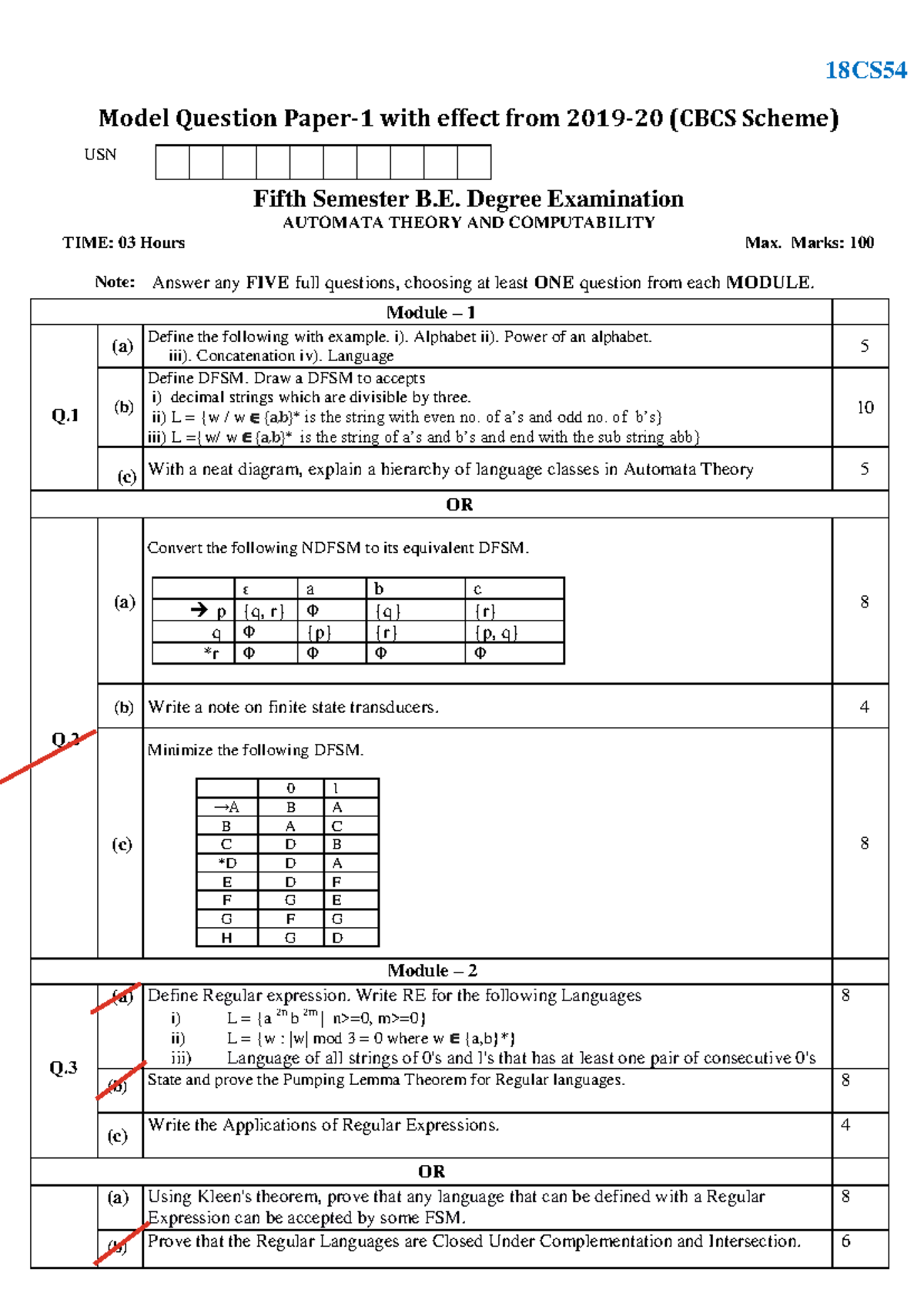 FAFL Pyqs - FAFL - 18CS Model Question Paper-1 with effect from 2019-20 ...