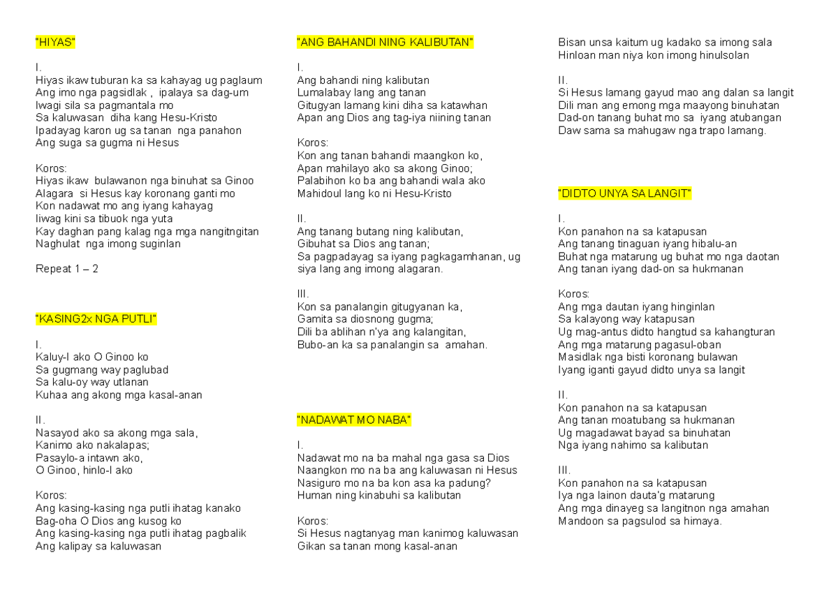 Himaya sa Pag-awit: Mga Espiritwal nga Awit sa Iglesia - Studocu