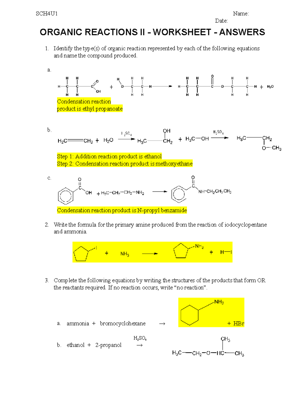 OC06 - Organic Reactions II - Worksheet Answers - Studocu