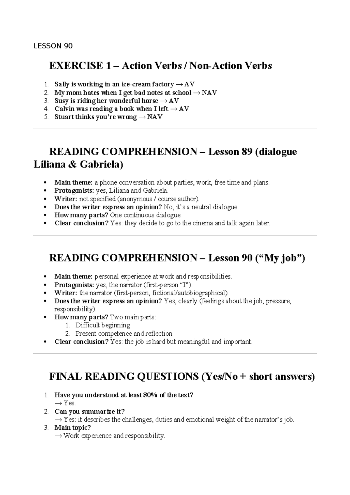 Lesson 90 - Exercise on Action Verbs & Reading Comprehension - Studocu