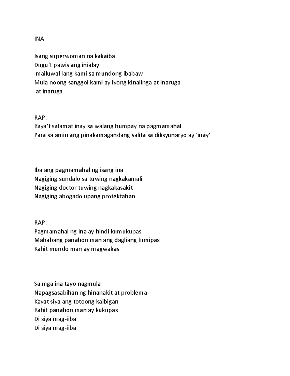 FILIPINO POEM: INA - A Tribute to Mother’s Endless Love - Studocu