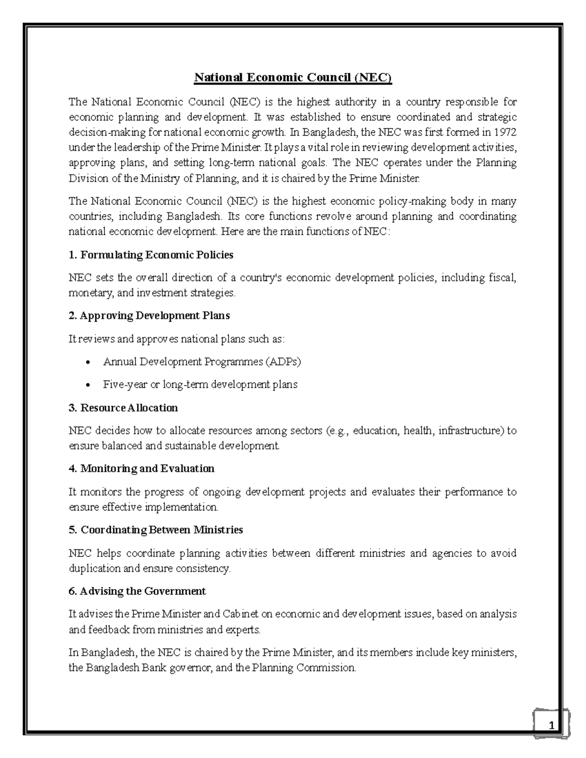 Chapter 9: National Economic Council (NEC) Overview and Functions - Studocu