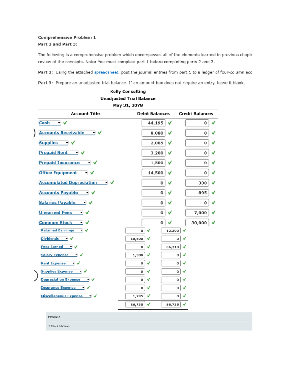 Comp Prob 1 Parts 2 & 3 - Ledger Entries & Unadjusted Trial Balance ...