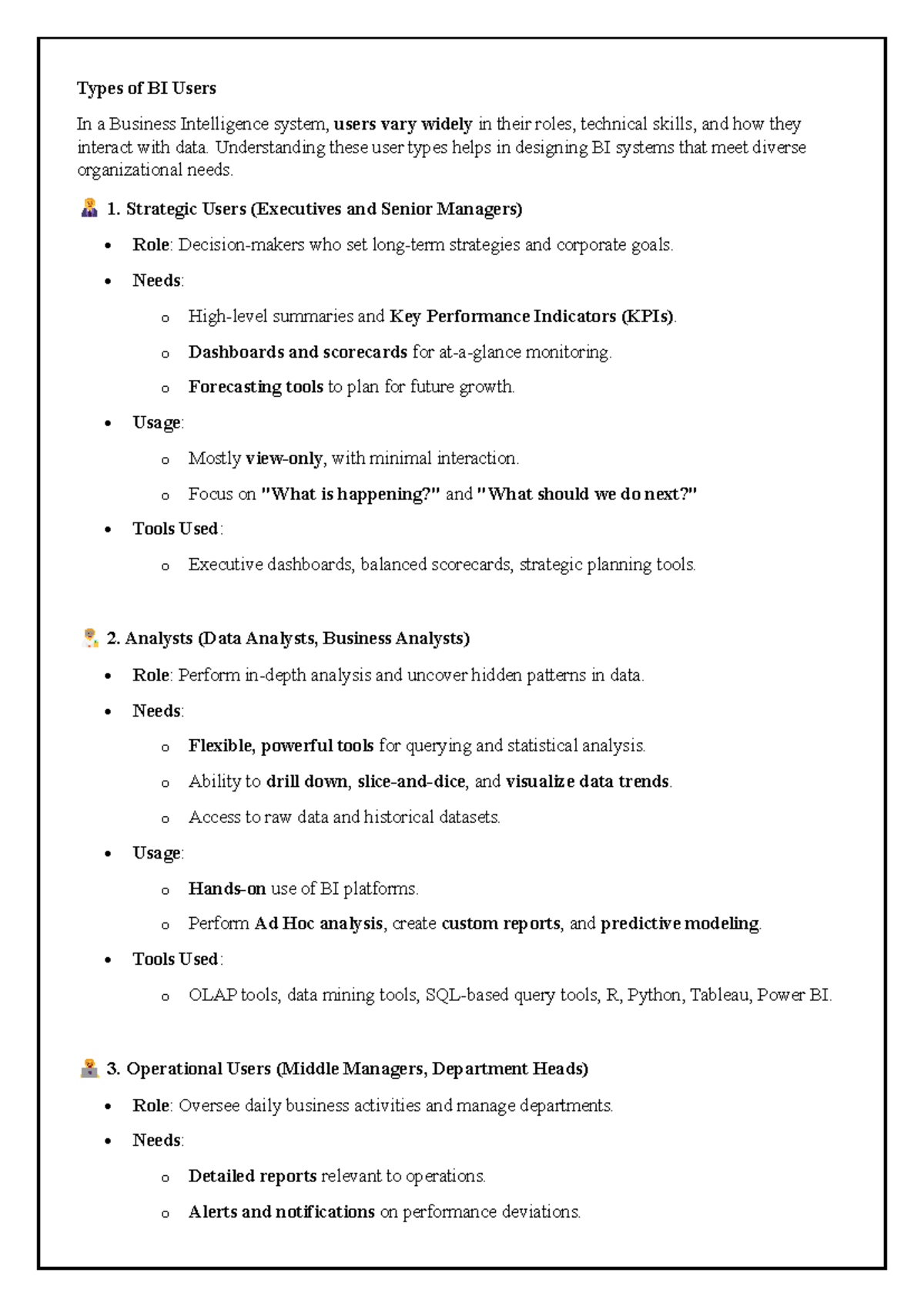 Types of BI Users in Business Intelligence Systems: Roles & Tools - Studocu