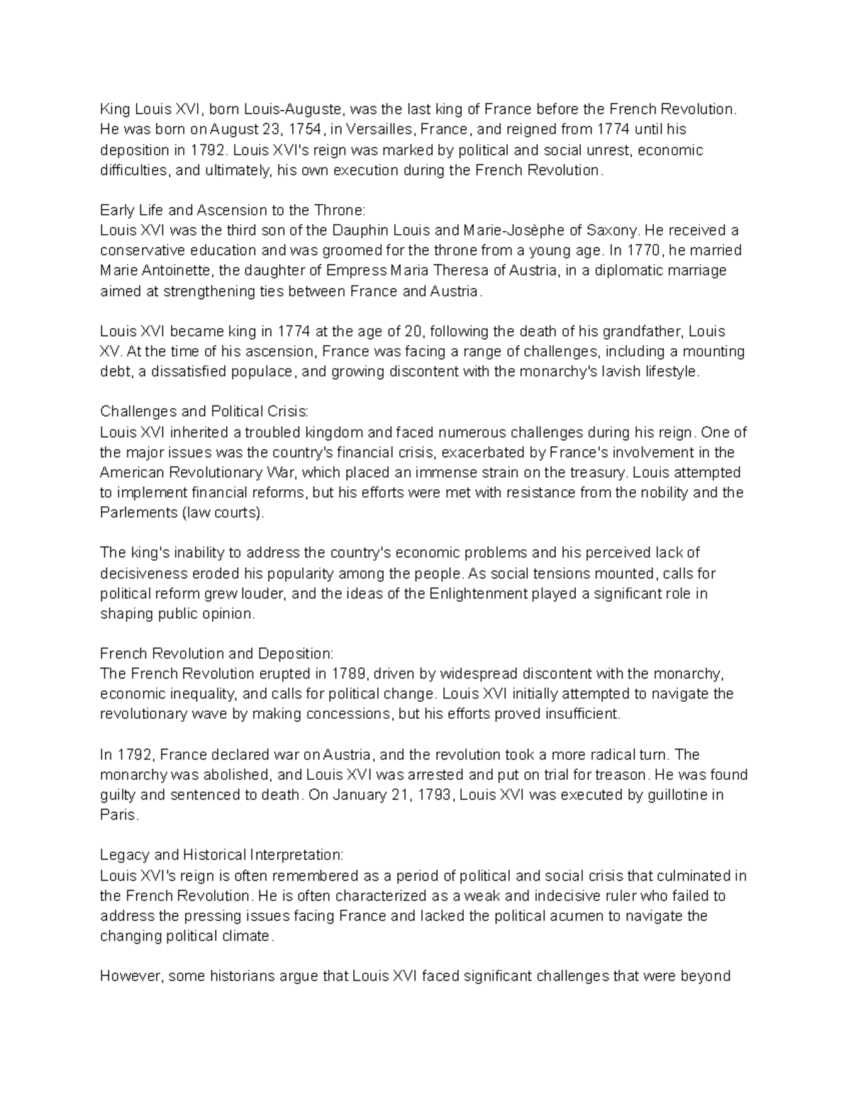 KING Louie XVI - ESSAY SUMMARY - King Louis XVI, born Louis-Auguste ...