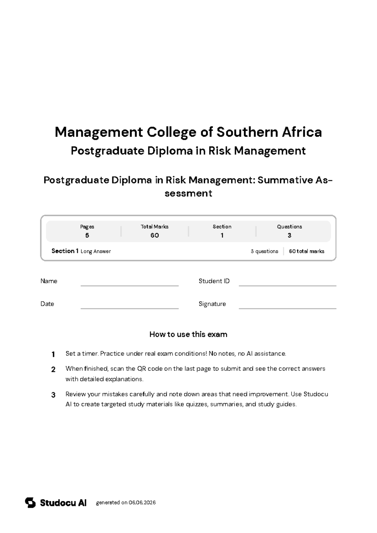 Postgraduate Diploma in Risk Management: Summative Assessment - Studocu