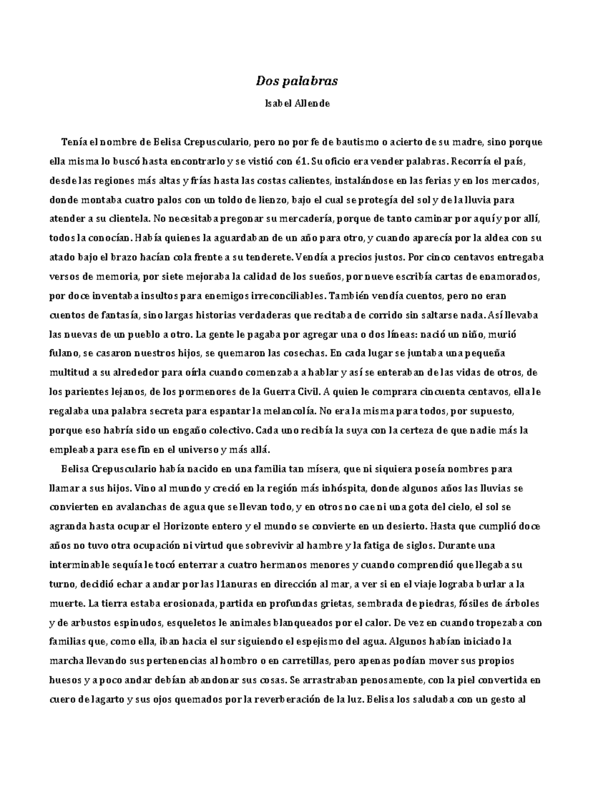 AP Spanish - Análisis del Cuento "Dos Palabras" de Isabel Allende - Studocu