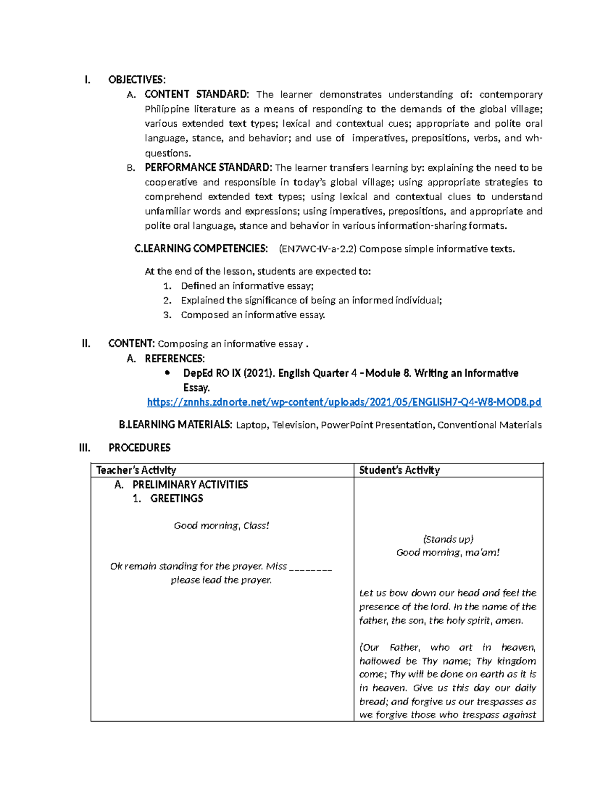 EN7WC-IV-a-2: Informative Essay Lesson Plan and Activities - Studocu