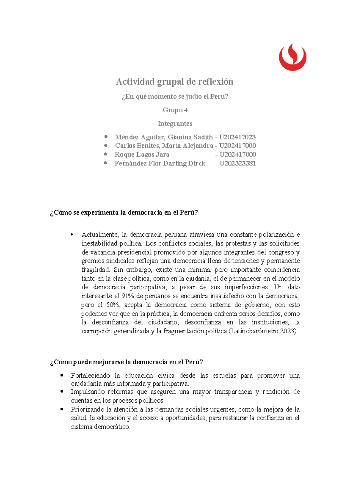 Reflexión sobre la Democracia en Perú: Grupo 4 Actividad Grupal - Studocu