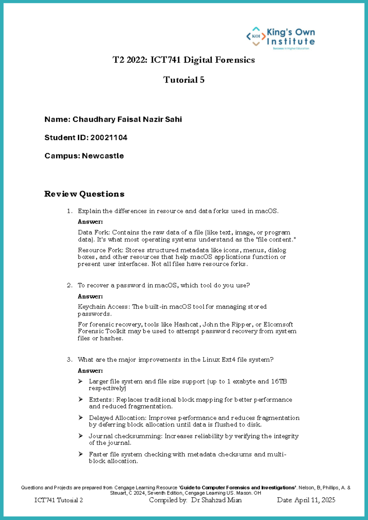 ICT741 Digital Forensics Tutorial 5: Key Concepts & Review Questions ...