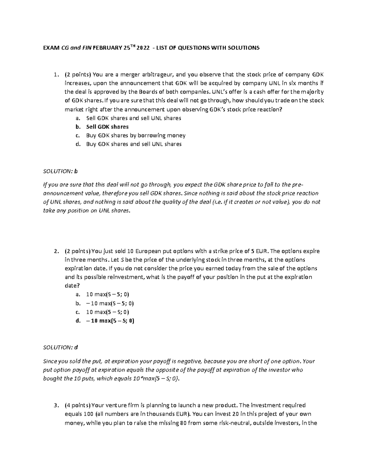 EXAM CG & FIN SOLUTIONS FEB 25, 2022: MERGER ARBITRAGE & OPTIONS - Studocu