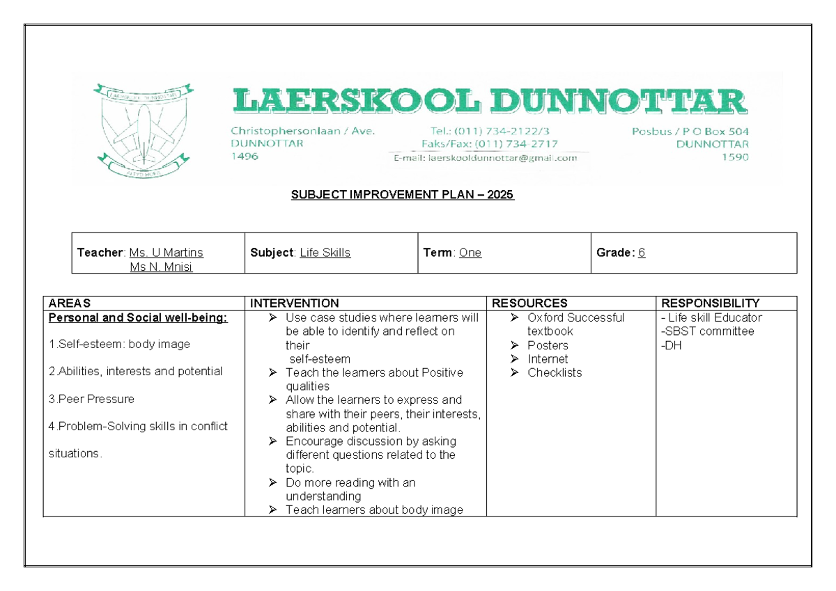 Life Skills Improvement Plan - Term 1 2025 for Grade 6 - Studocu