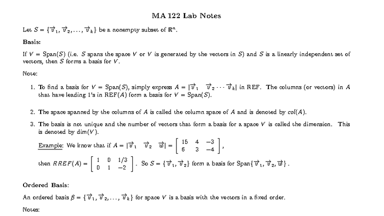 MA 122 Lab Notes: Understanding Basis and Orthonormal Spaces - Studocu